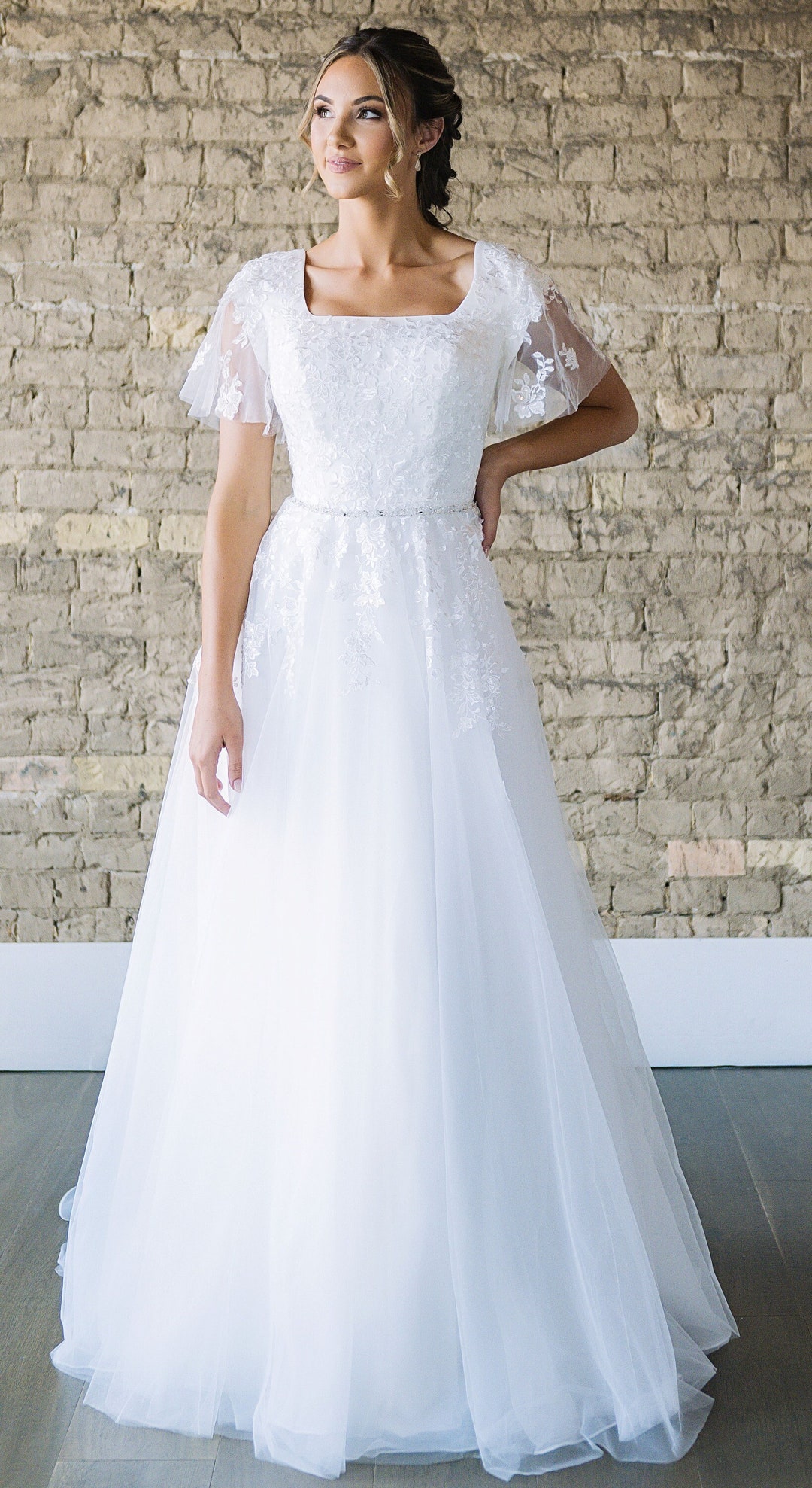 Modest LDS Wedding Dress, Modest Flutter Sleeves Dress, LDS Wedding ...