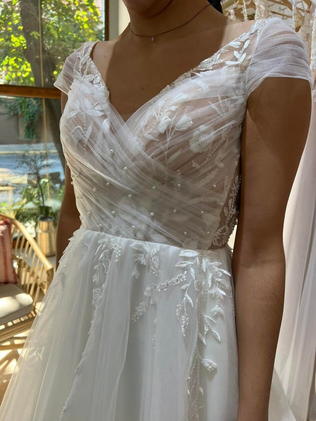 Modern Princess Dress, Pleated Bodice Dress, V Neckline Cap Sleeves ...