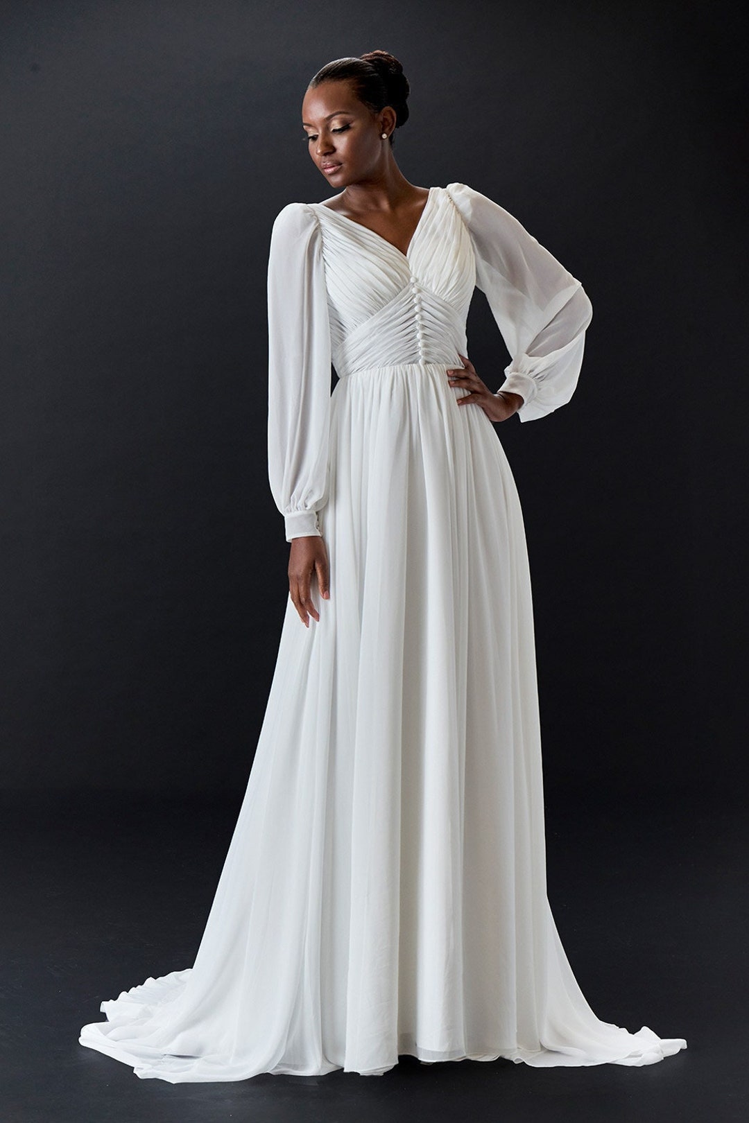 Long Sleeves Modest LDS Pleated Bodice Chiffon A Line - Etsy