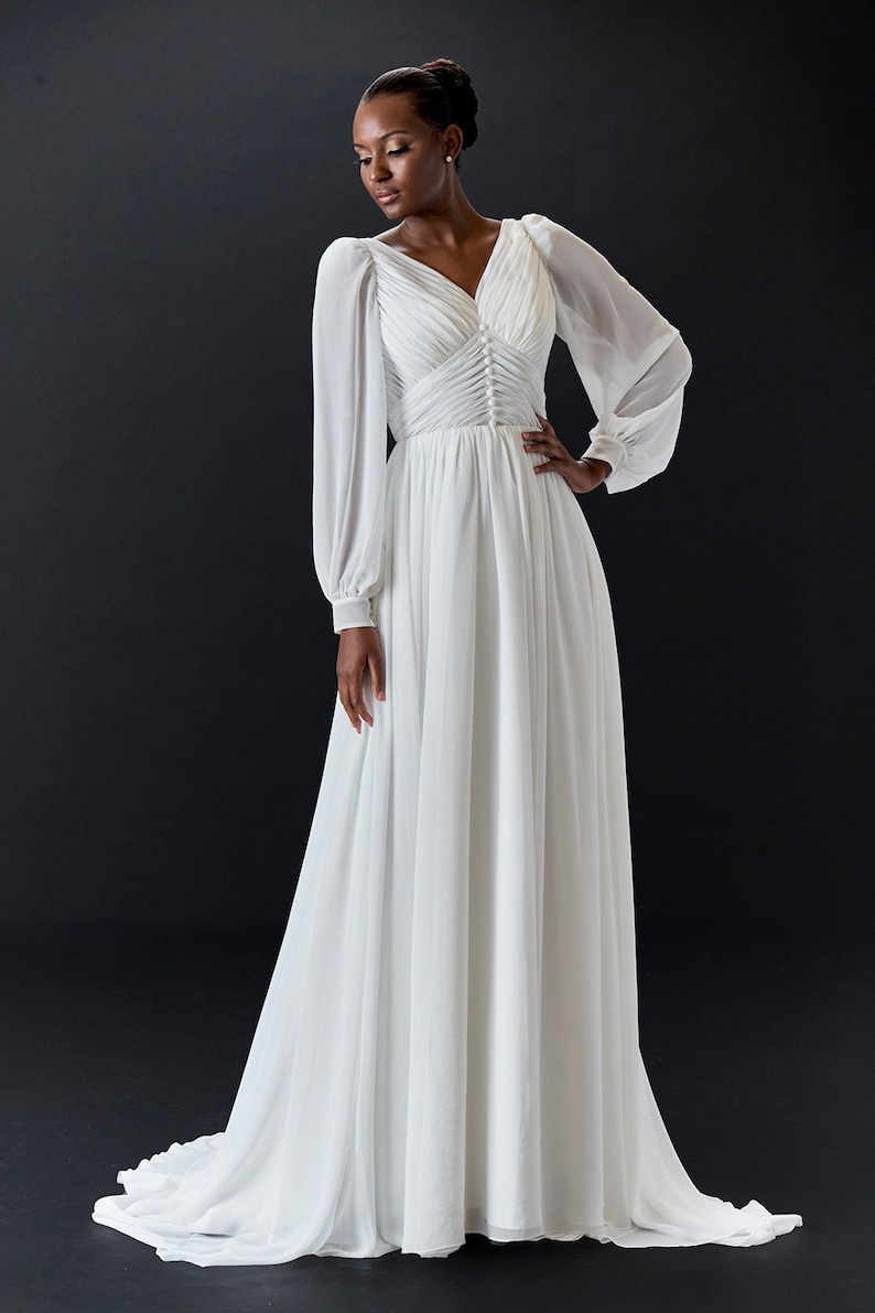 Long Sleeves Modest LDS Pleated Bodice Chiffon A Line - Etsy