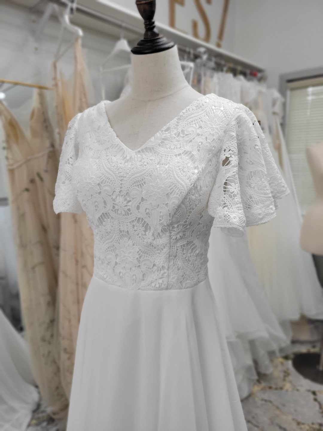 Boho Bohemian Modest LDS Princess Short Sleeves, Chiffon A Line Wedding ...