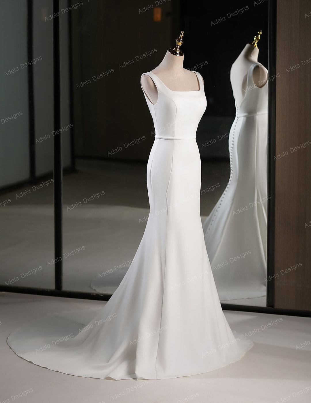 Crepe Wedding Dress, Square Neckline Modern Wedding Dress, Simple Satin ...
