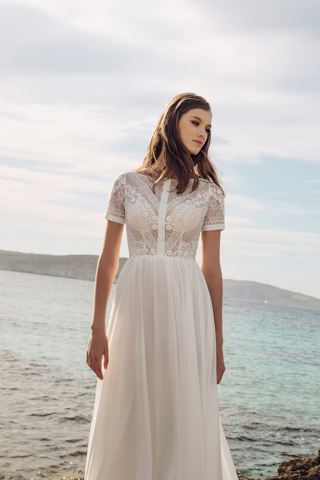 Boho Bohemian, Short Lace Sleeves, Boat Neck, High Back, Lace Bodice ...