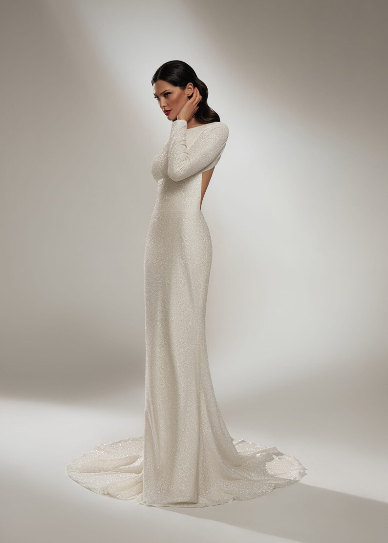 Glitter Long Sleeves Open Back Sheath Shape Wedding Dress. - Etsy