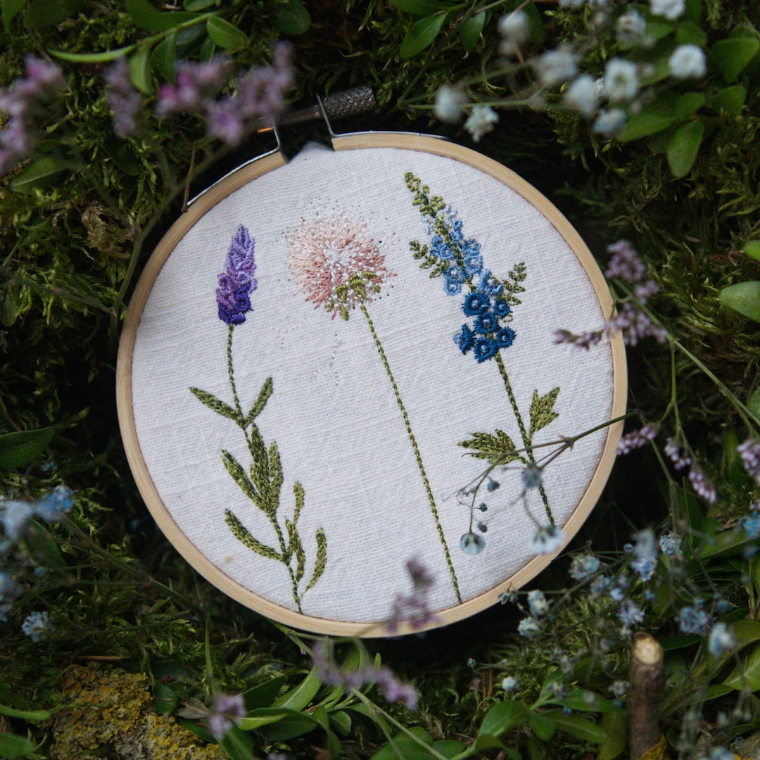 Embroidery 3 Flowers Larkspur, Lavender and Dandelion - Etsy