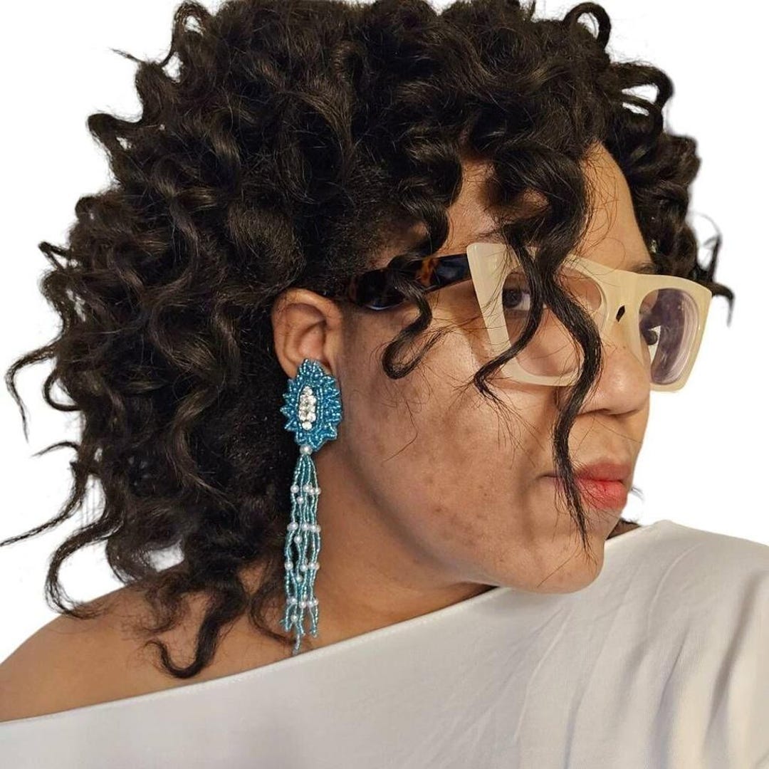 Vintagelight Blue Glass Runway Applique Beaded Fringe Earrings 5.25 - Etsy