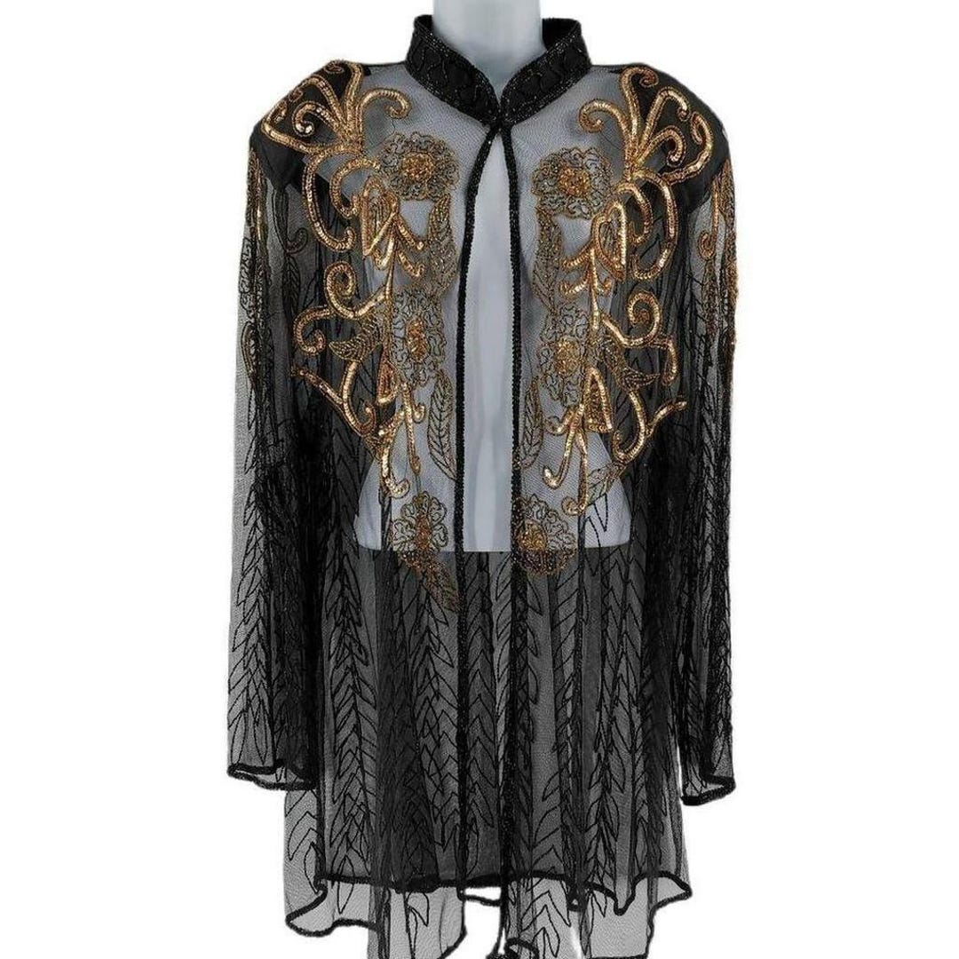 Sheer Black Mesh Duster With Black & Gold Beaded Floral Design ...