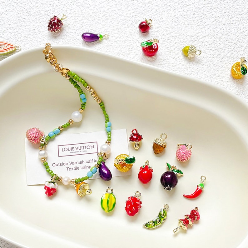 10pcs Enamel 3D Fruit Collection Charm, Gold Plated Strawberry/durian ...
