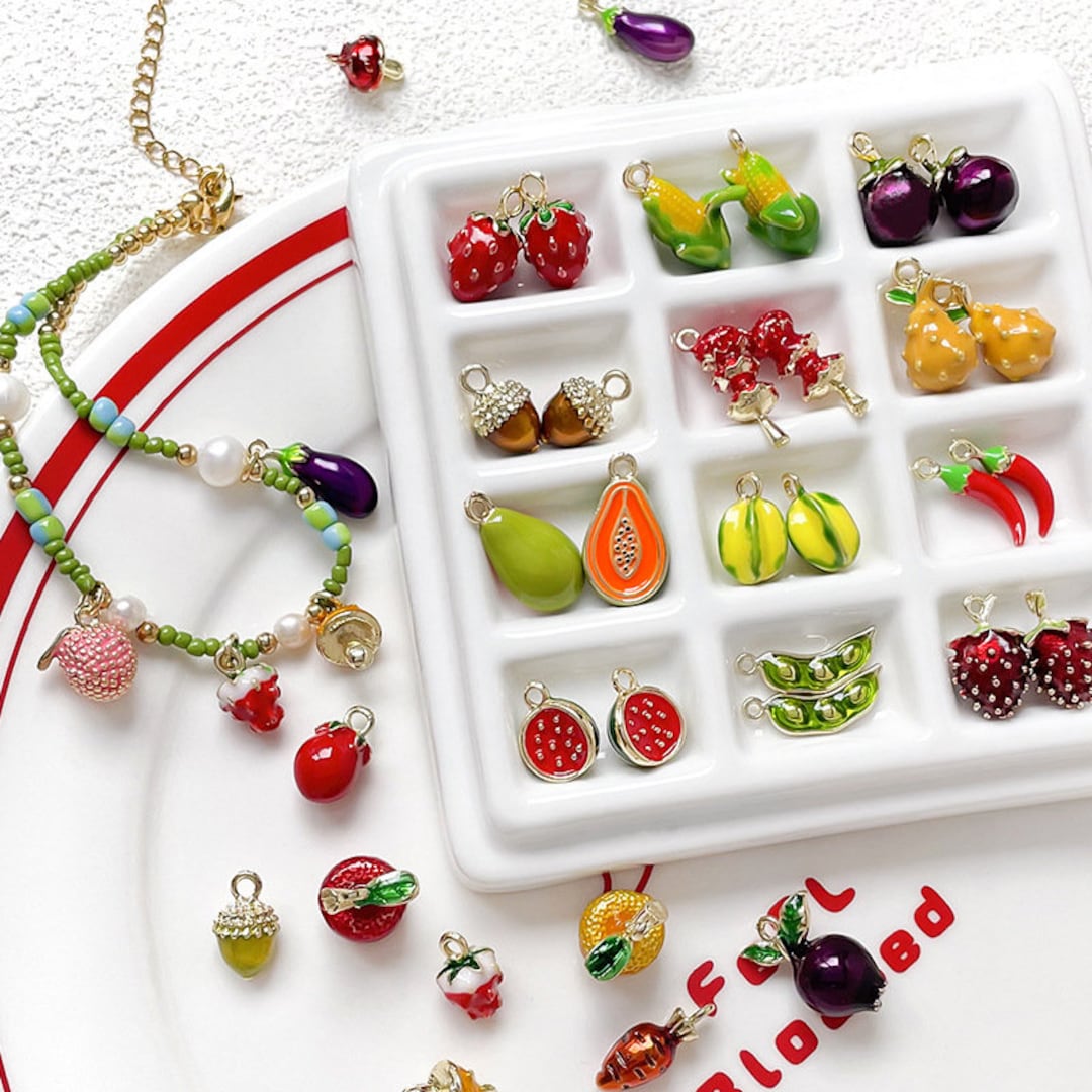 10pcs Enamel 3D Fruit Collection Charm, Gold Plated Strawberry/durian ...