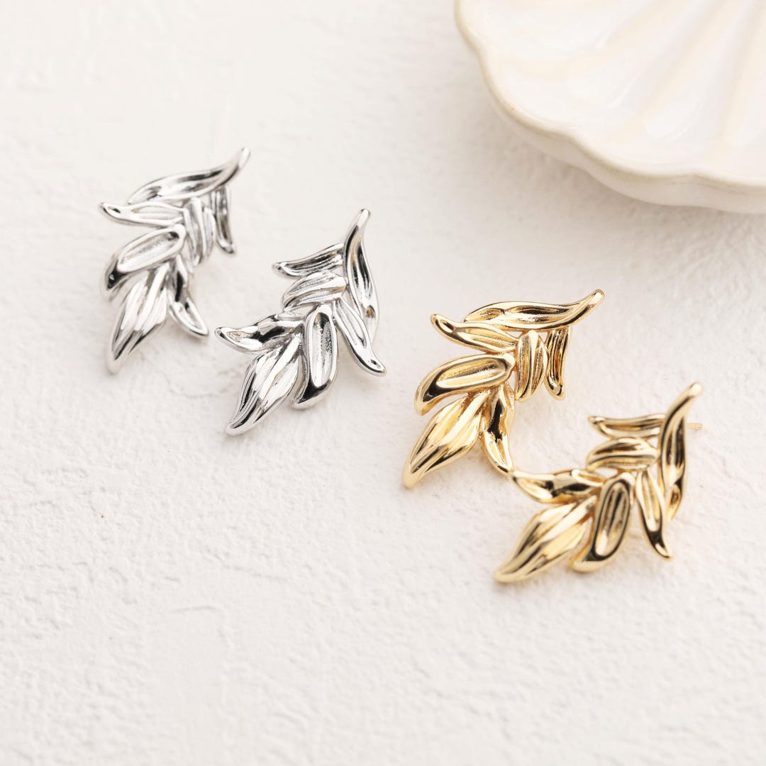 4pcs Vintage Leaves Earring, 14k Gold Plated Brass Leaf Stud Earrings ...