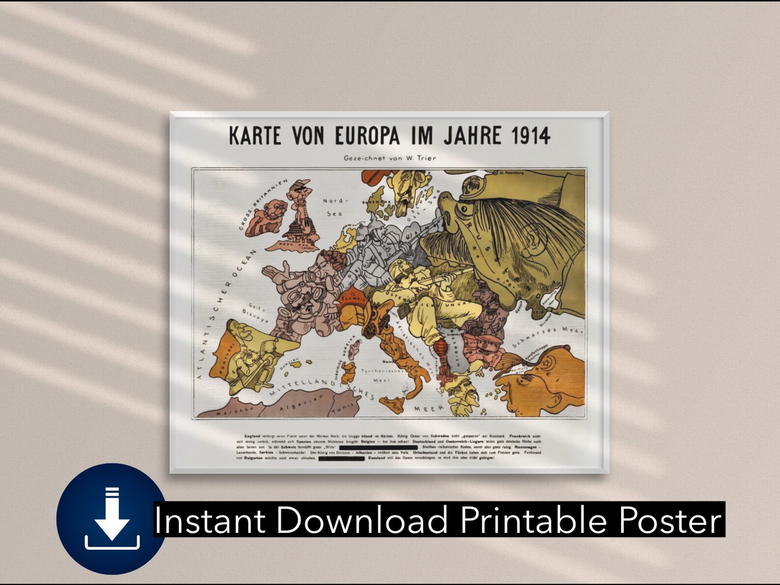 WW1 German Propaganda Caricature Map Digital Download Printable Poster ...