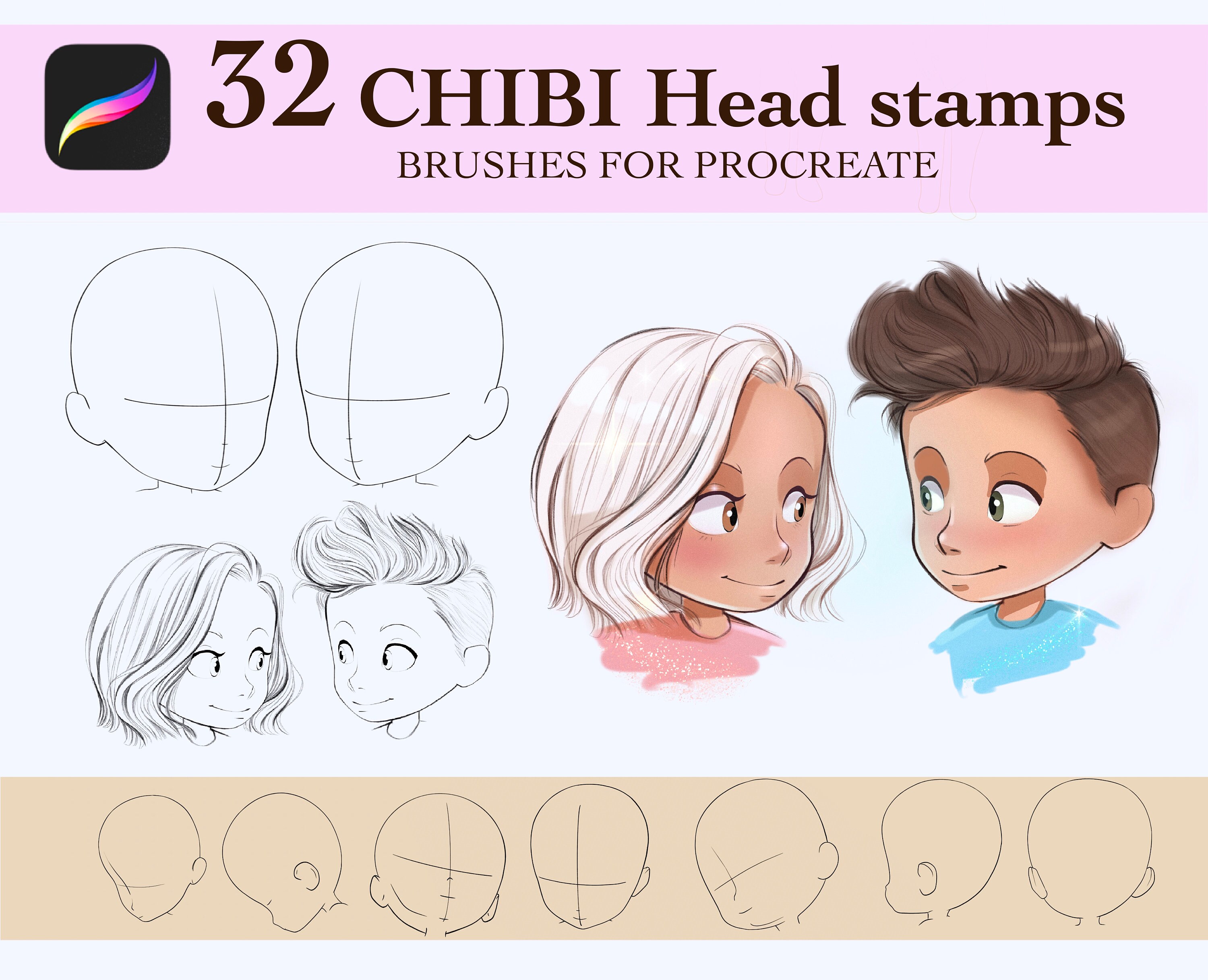 Chibi Heads Stamps: Procreate Brushes, Portrait Guide (digital Download ...