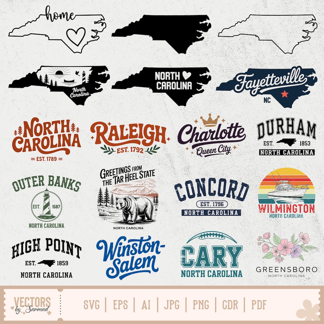 North Carolina SVG PNG Bundle, Raleigh, Charlotte, Durham, Outer Banks ...