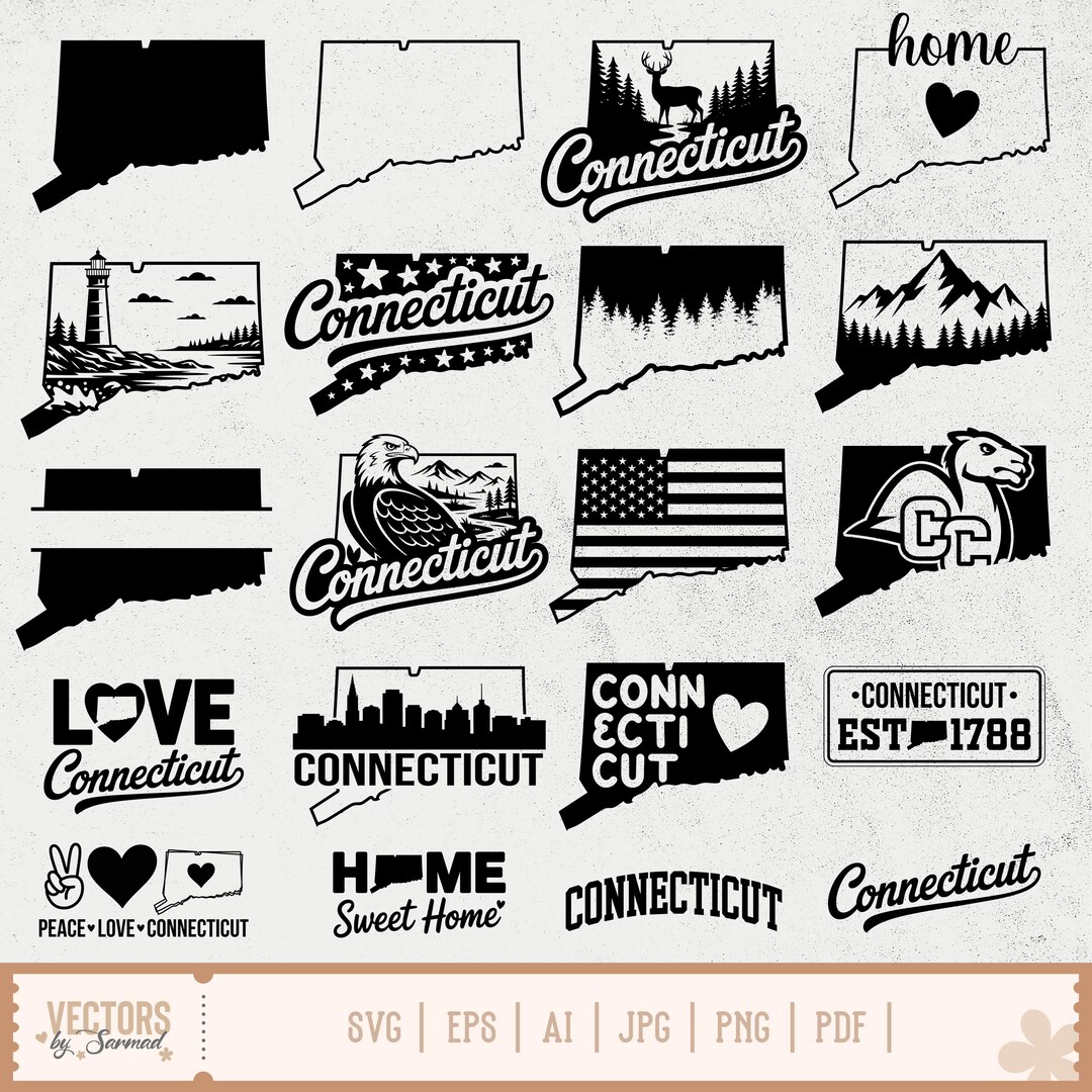 Connecticut SVG Bundle, Connecticut Outline SVG, Connecticut State SVG ...