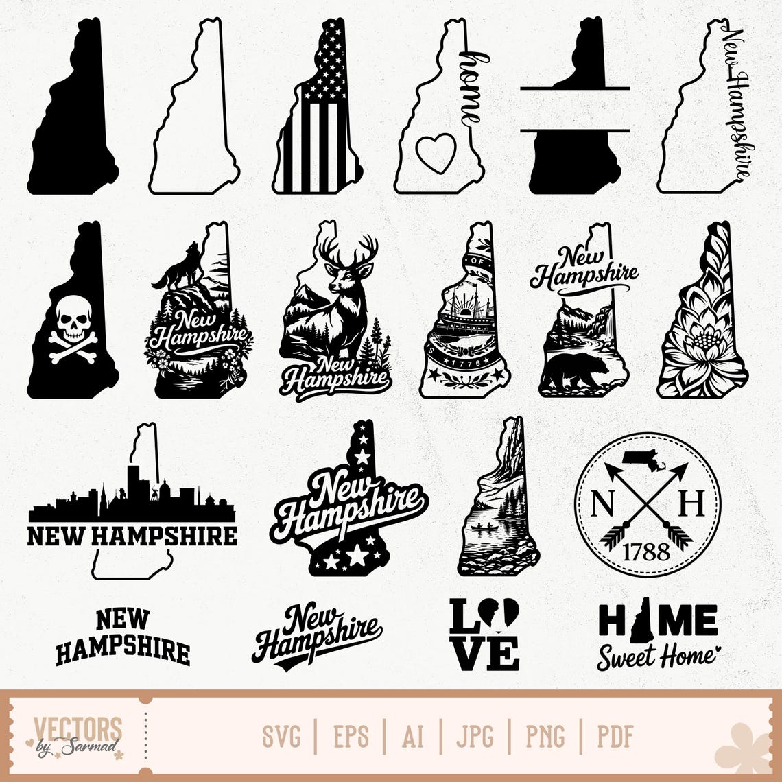 New Hampshire Svg Bundle, New Hampshire State Outline, New Hampshire ...