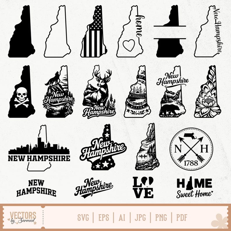 New Hampshire Svg Bundle, New Hampshire State Outline, New Hampshire ...