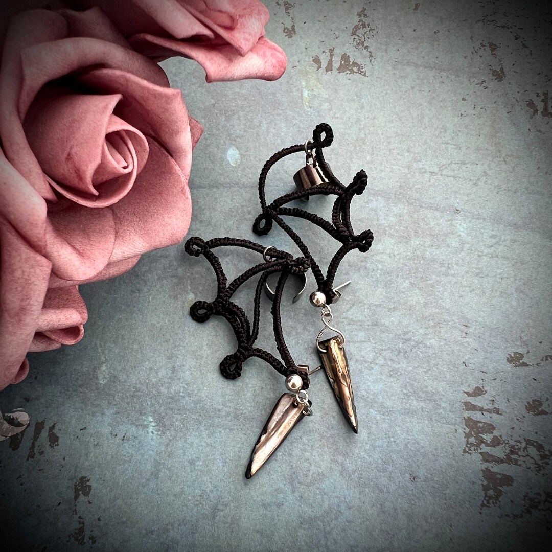 Earcuffs and Earrings Black Bat Wings, Gothic Lace Earcuffs With Pearl Fangs - Etsy