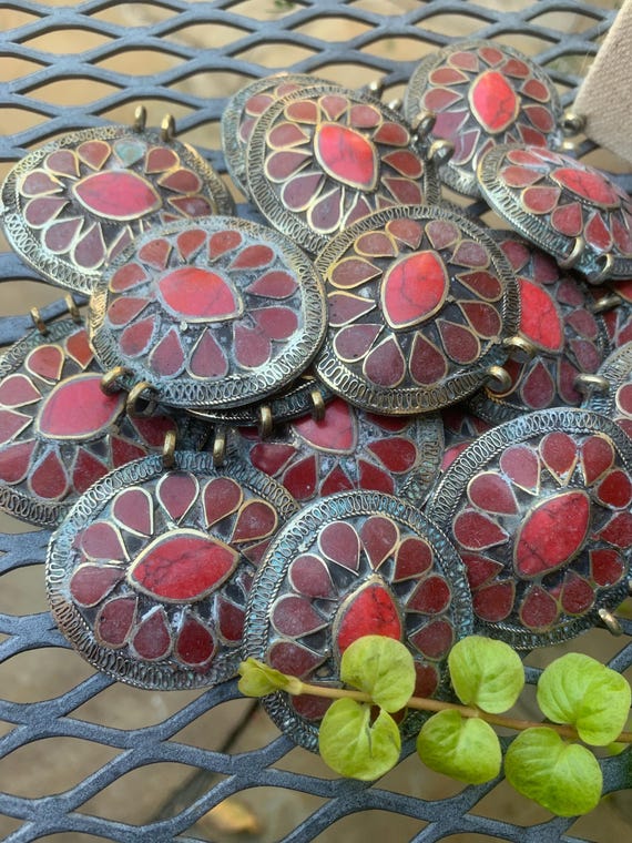 Vintage Middle Eastern Red Kuchi Coin Pendants - Gem