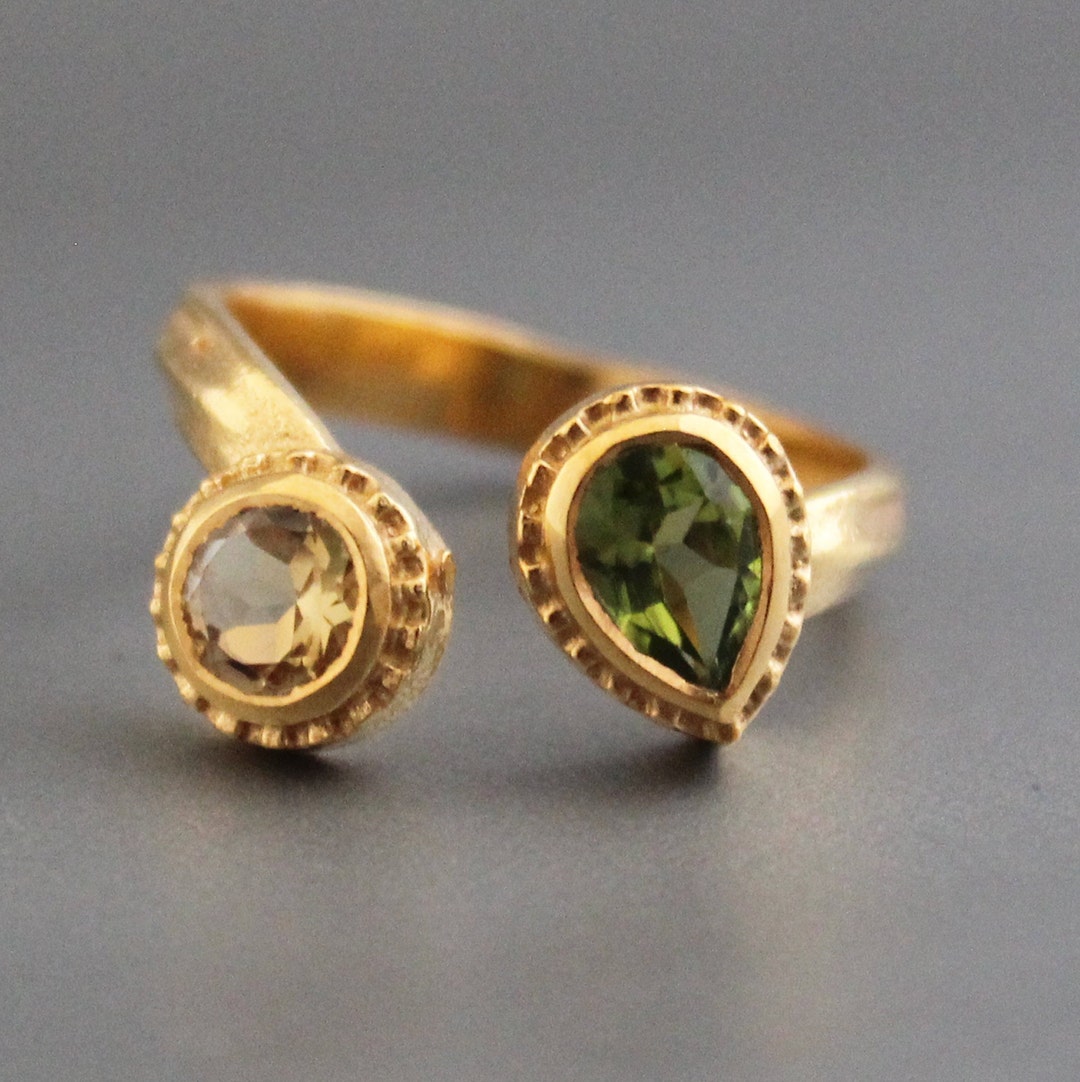 18K Gold Citrine Peridot Ring: Dainty Adjustable Gemstone Band - Etsy