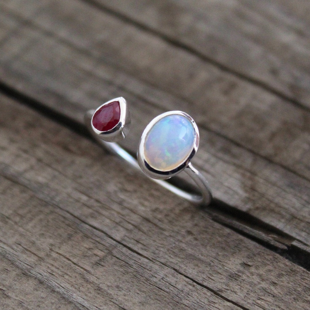 Opal and Ruby Ring, Handmade Birthstone Jewelry, Ethiopian Opal Ring ...