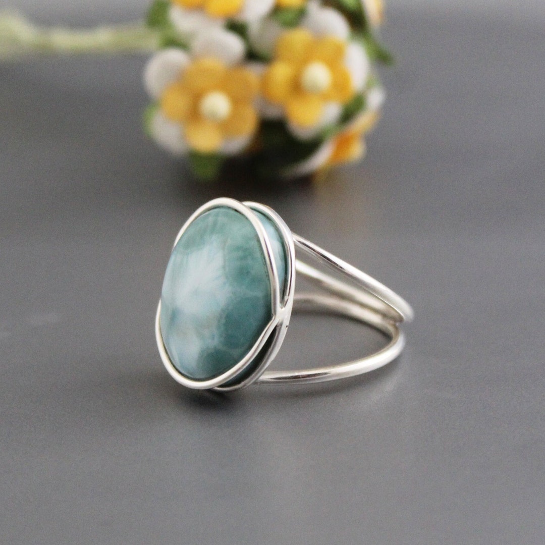 Natural Larimar Ring, Blue Stone Ring, Large Gemstone Silver Ring, Oval Gemstone Ring, Modern ...