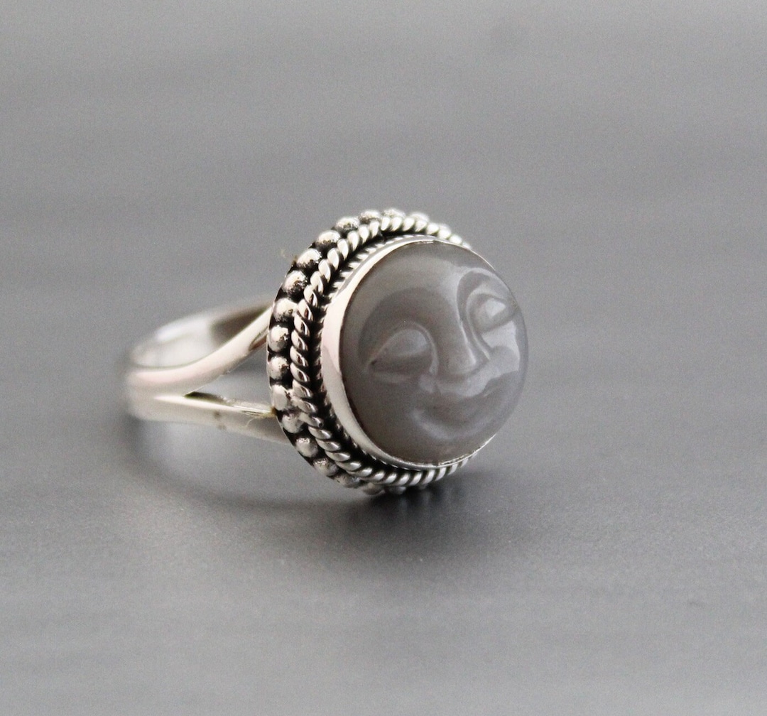 Grey Moonstone Ring, Moon Face Ring, Handcrafted Celestial Jewelry ...