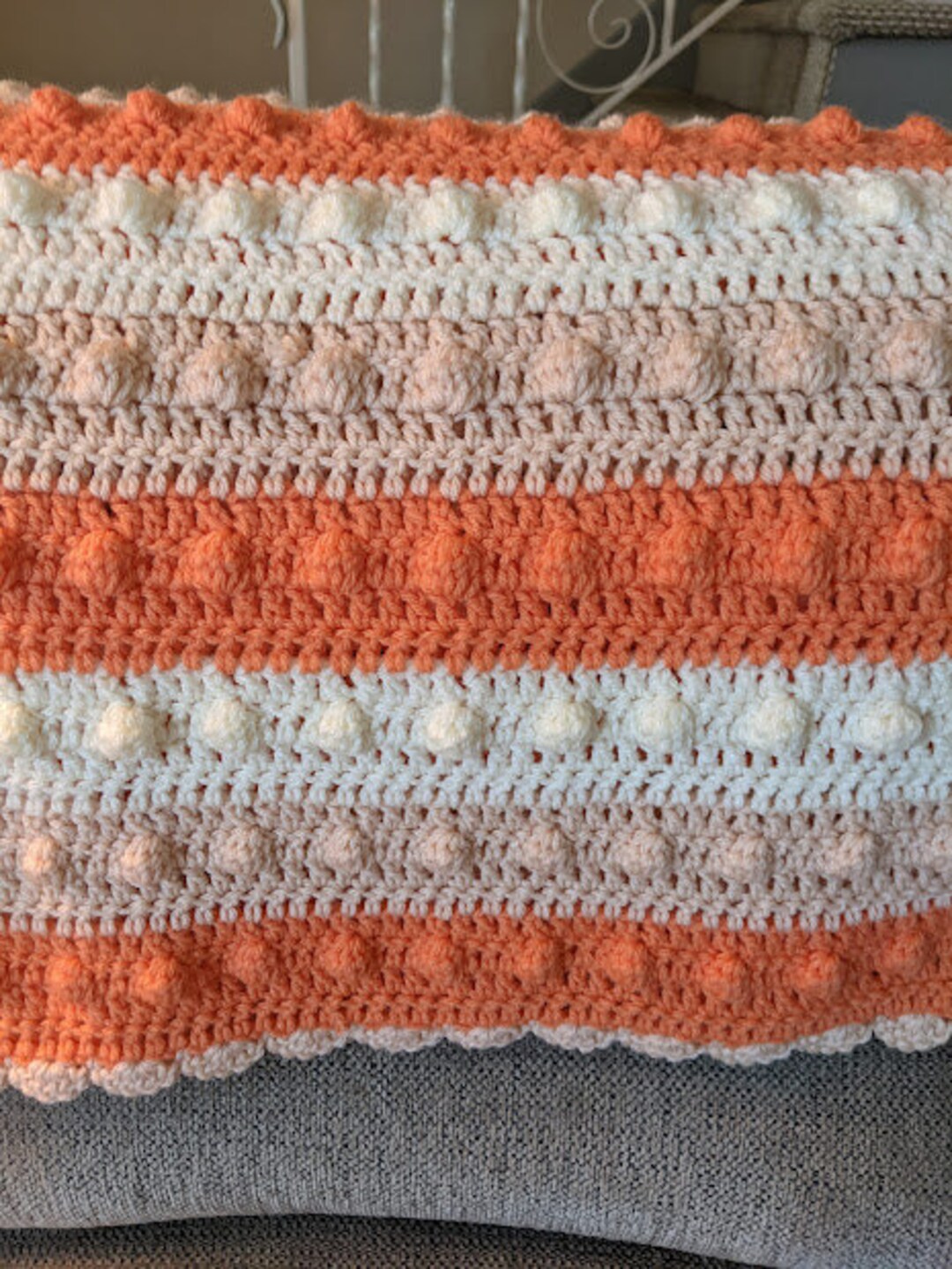 Striped Popcorn Lap Blanket, Tri Color Orange, Peach and Ivory Blanket ...