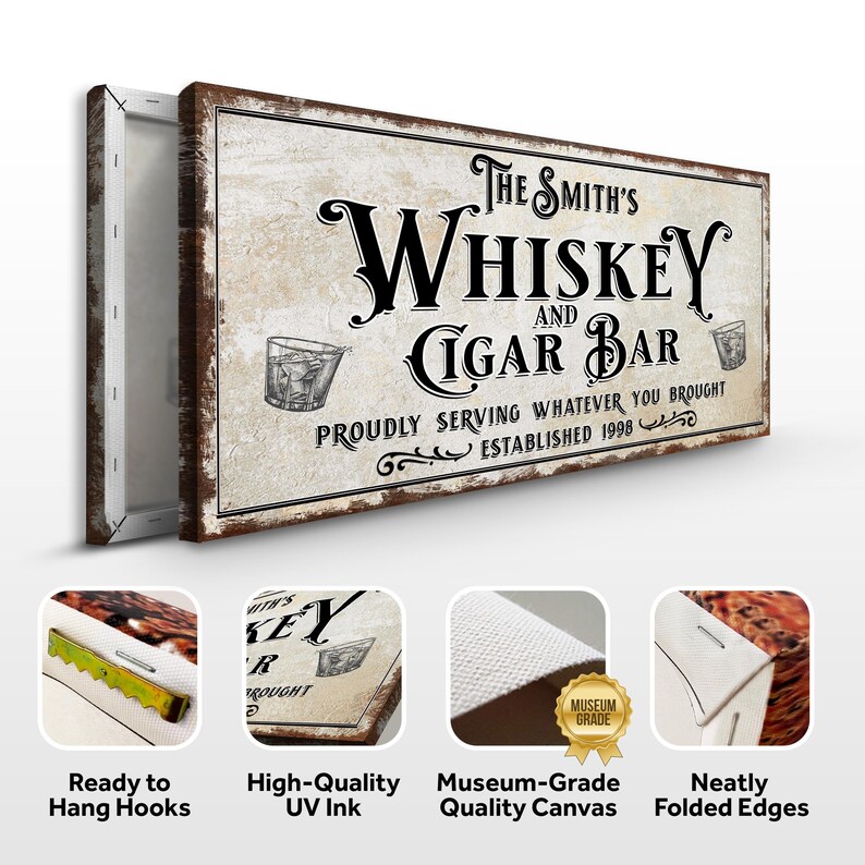 Personalized Whiskey and Cigar Bar Sign | Cigar Signs for Man Cave ...