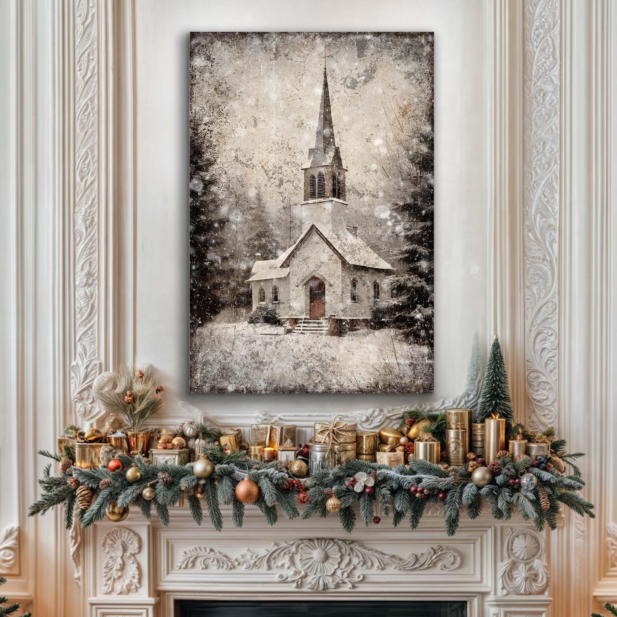 Vintage Church Christmas Wall Art | Rustic Winter Church Canvas Wall ...