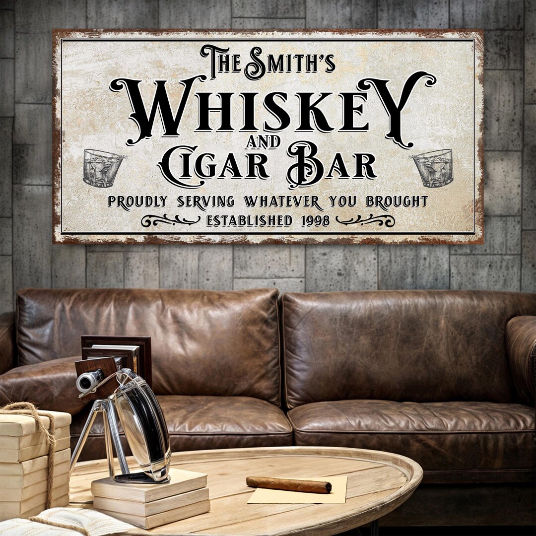 Personalized Whiskey and Cigar Bar Sign | Cigar Signs for Man Cave ...