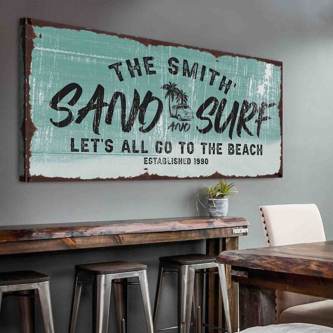 Sand and Surf Sign | Custom Name Sign | Family Wall Art | Beach House ...