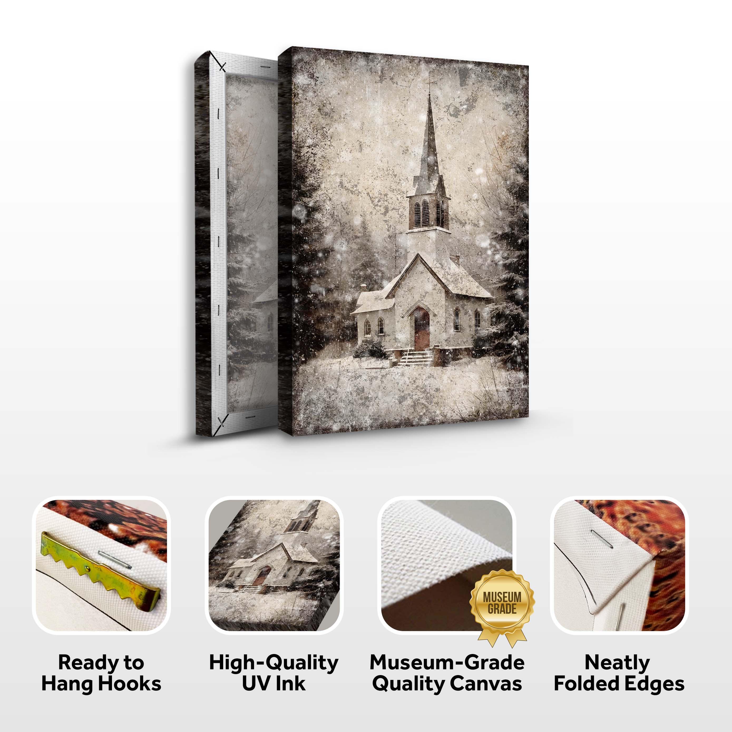 Vintage Church Christmas Wall Art | Rustic Winter Church Canvas Wall ...