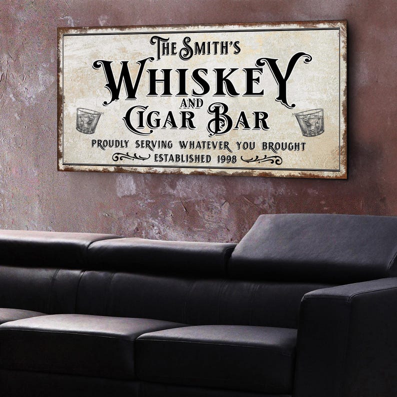 Personalized Whiskey and Cigar Bar Sign | Cigar Signs for Man Cave ...