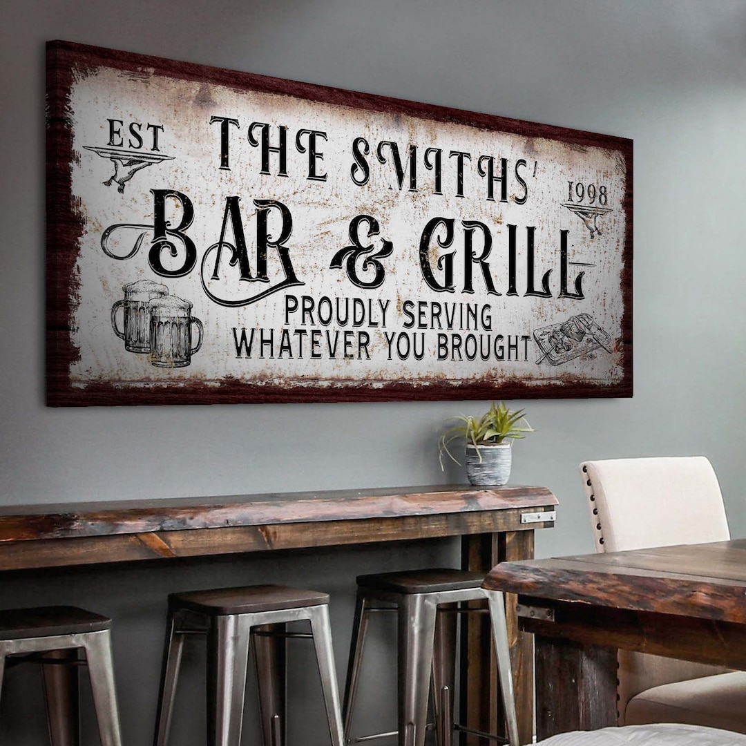 Bar Grill Sign | Rustic Bar Decor Wall Art | BBQ Sign Wall Decor Custom ...