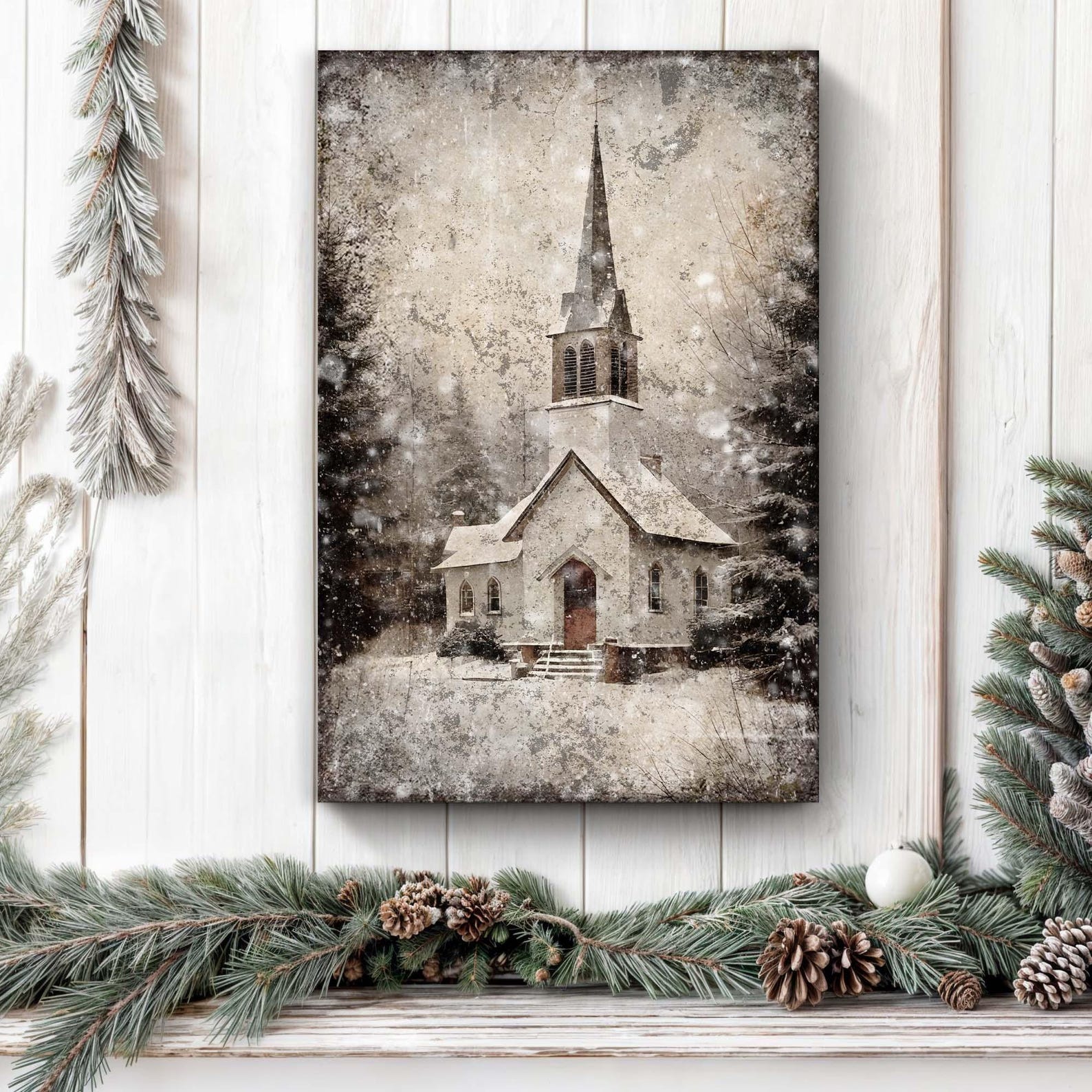 Vintage Church Christmas Wall Art | Rustic Winter Church Canvas Wall ...