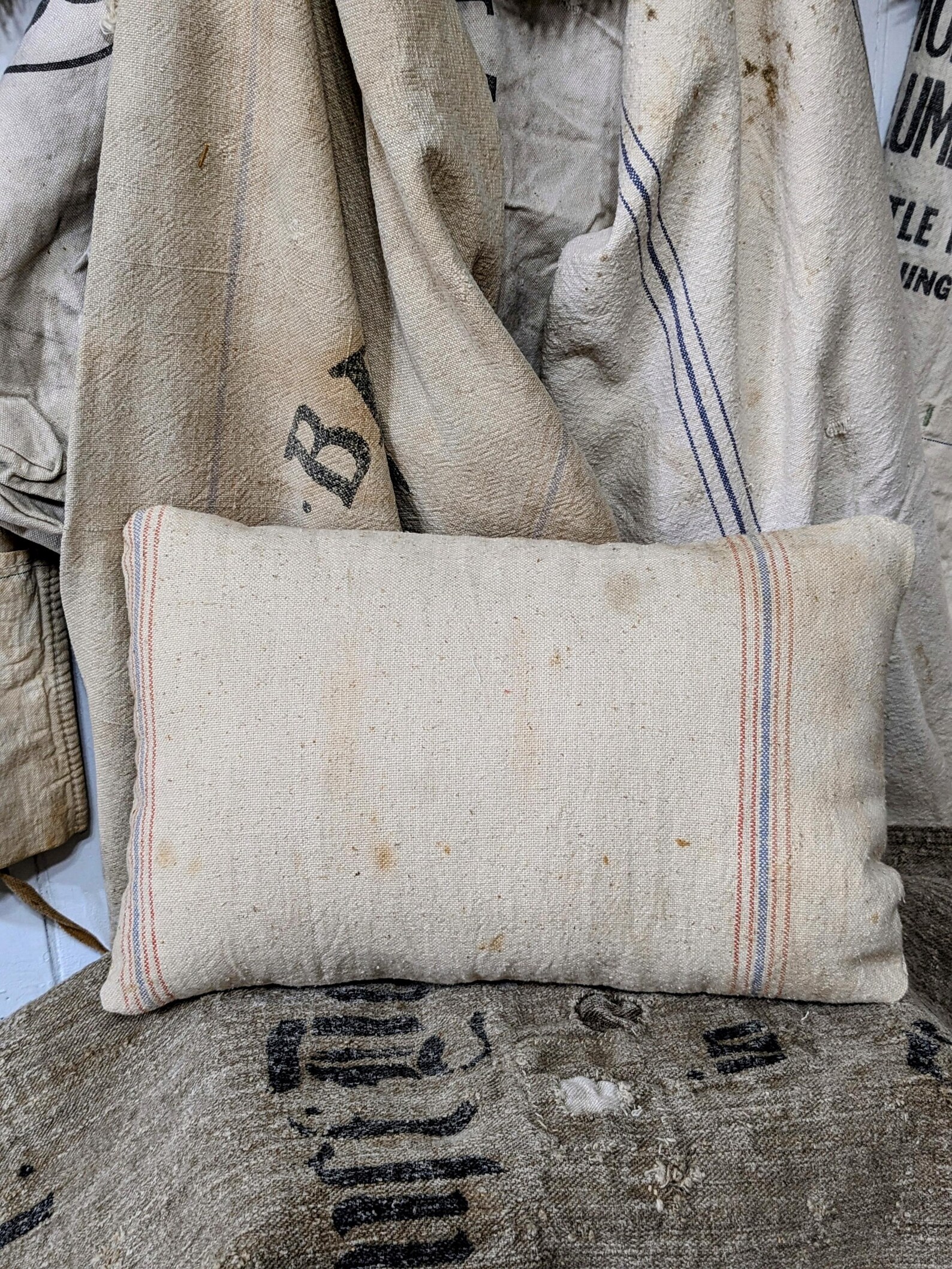 Vintage Grain Sack Christmas Tree Pillow/lumbar Patchy European Grain ...