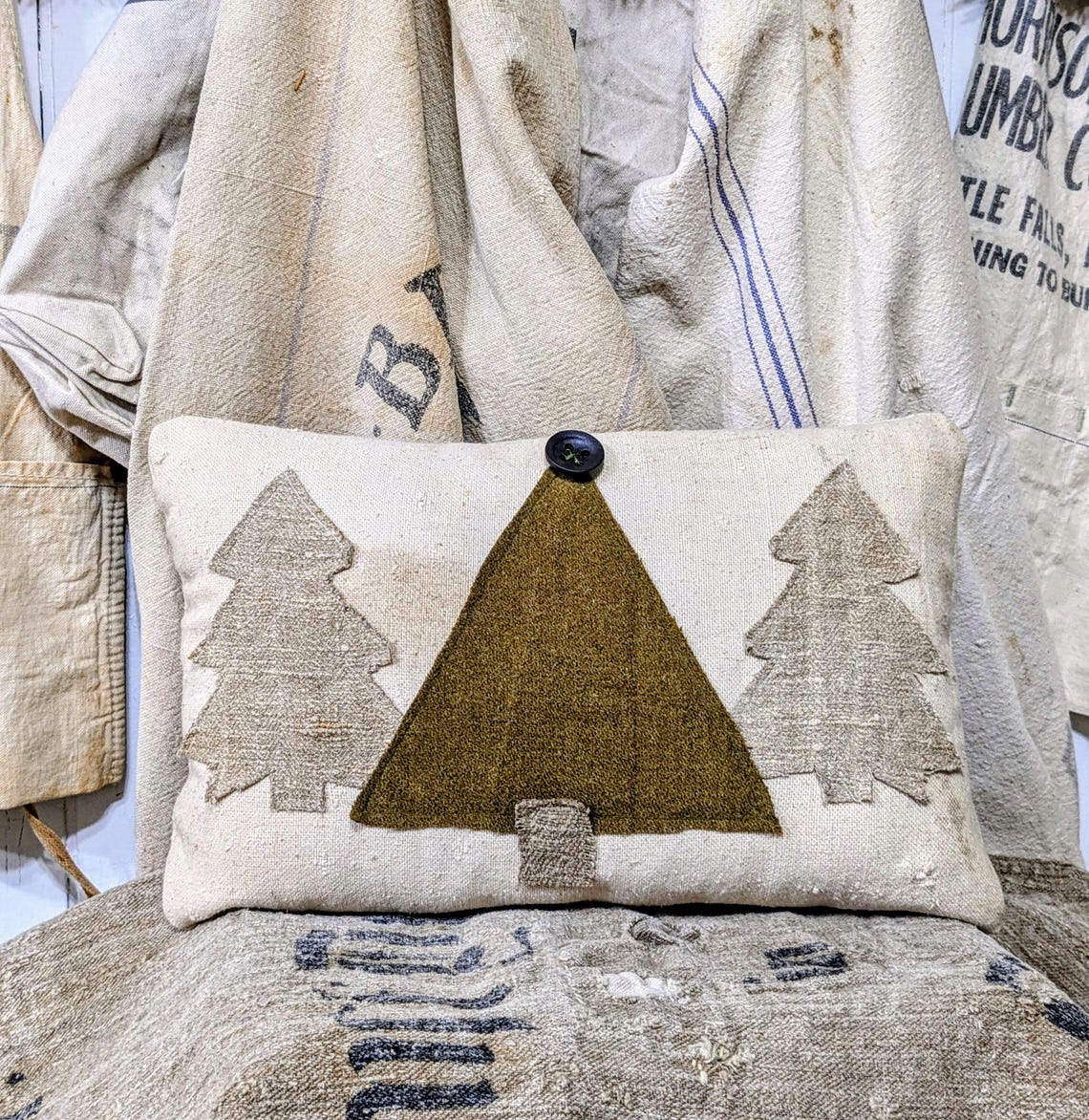 Vintage Grain Sack Christmas Tree Pillow/lumbar Patchy European Grain ...