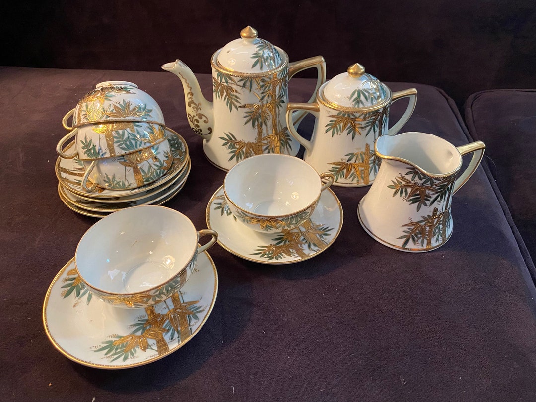 Antique Nippon Tea Set Moriage Gilded Bamboo Design Tea Pot, Sugar ...