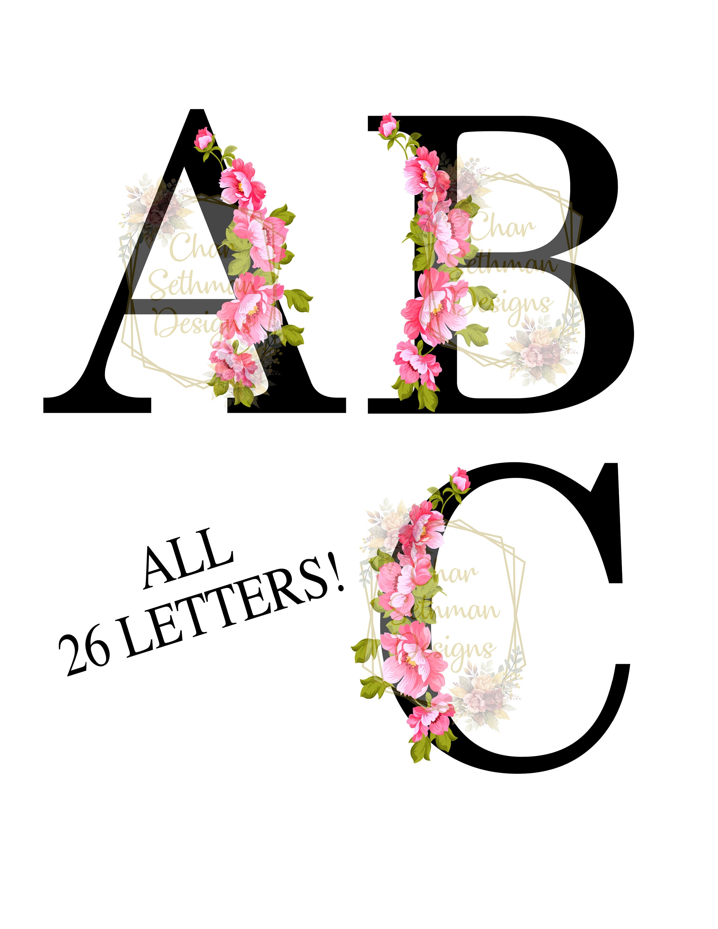 Pink Floral Letters A-Z Alphabet INSTANT DOWNLOAD Sublimation | Etsy