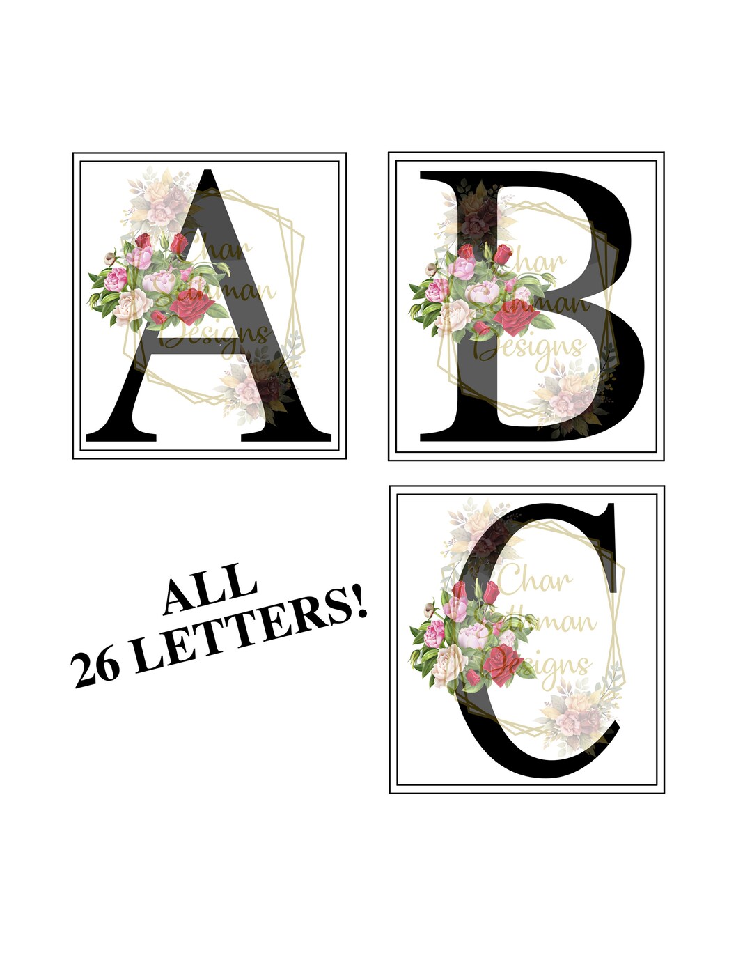 Rose Letter Intials A-Z Alphabet INSTANT DOWNLOAD Sublimation - Etsy