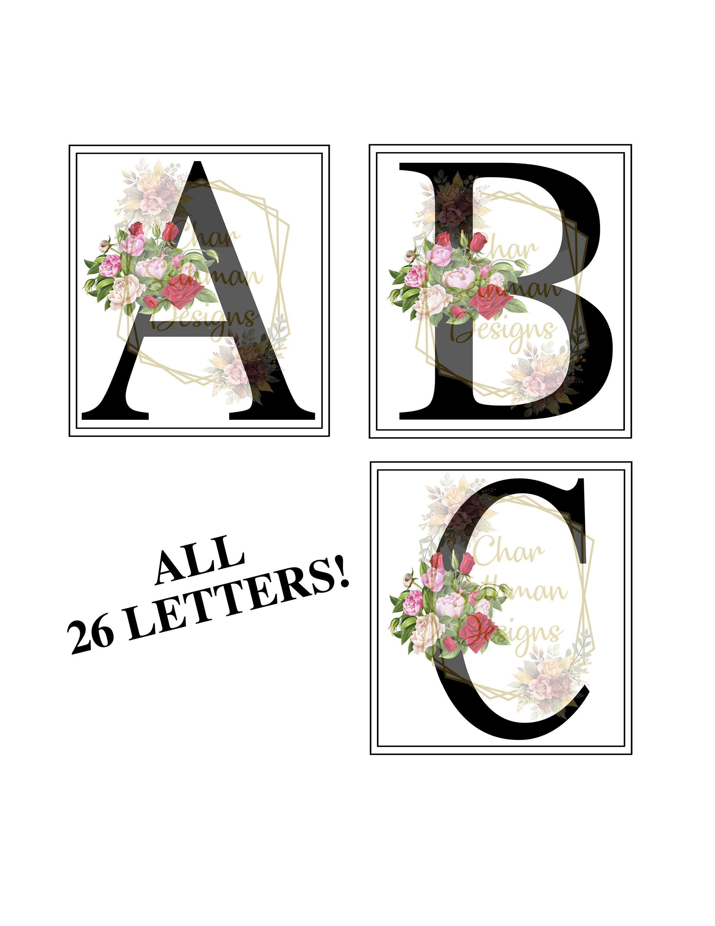 Rose Letter Intials A-Z Alphabet INSTANT DOWNLOAD Sublimation | Etsy