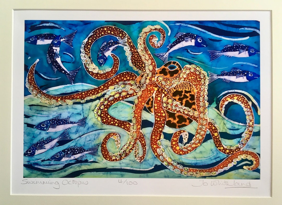 Swimming Octopus Giclee Print, Limited Edition Batik Art (40cmx50cm ...