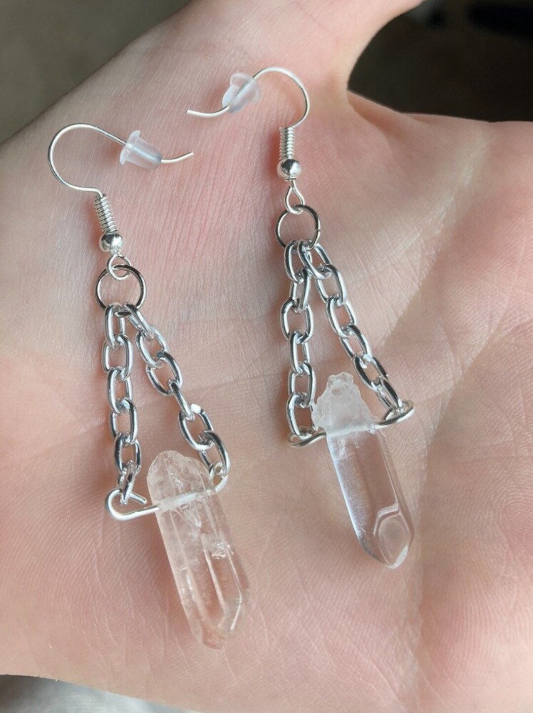 Clear Quartz Point Chain Earrings, Quartz Triangle Chain Earrings ...