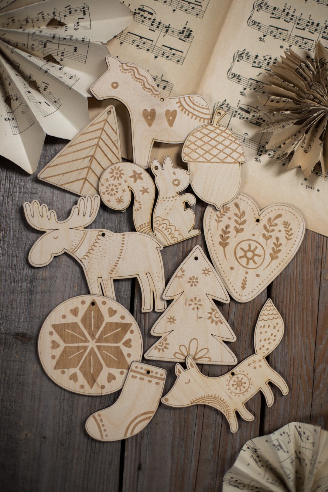 Set of 20 Wooden Christmas Ornaments, Natural Holiday Decorations ...