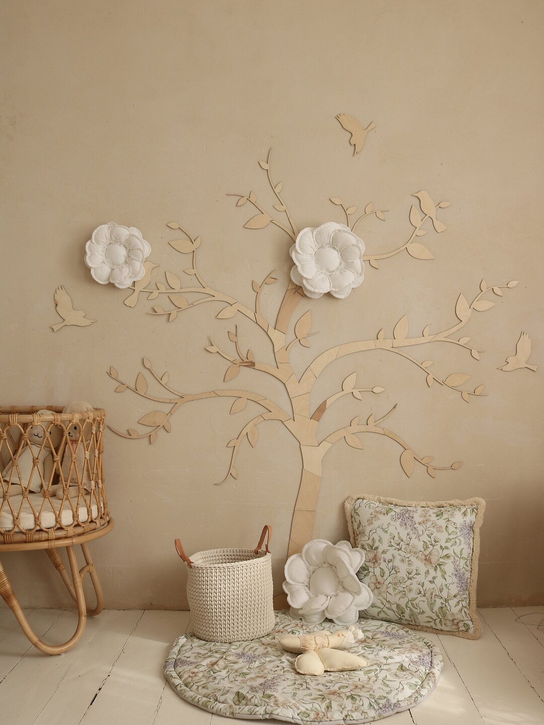 Wall Art Wooden Tree With Birds Nursery Decor Idea, Natural Wall ...