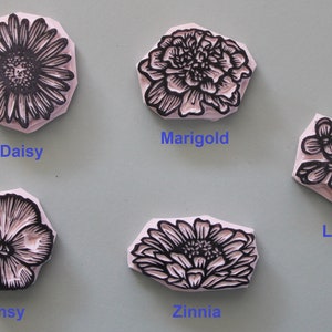 Flower Hand-carved Rubber Stamps (size Small): Zinnia, Marigold, Daisy ...