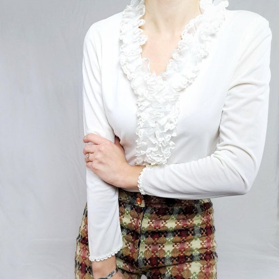Vintage 1970s white ruffled tuxedo bodysuit by Couture - Gem