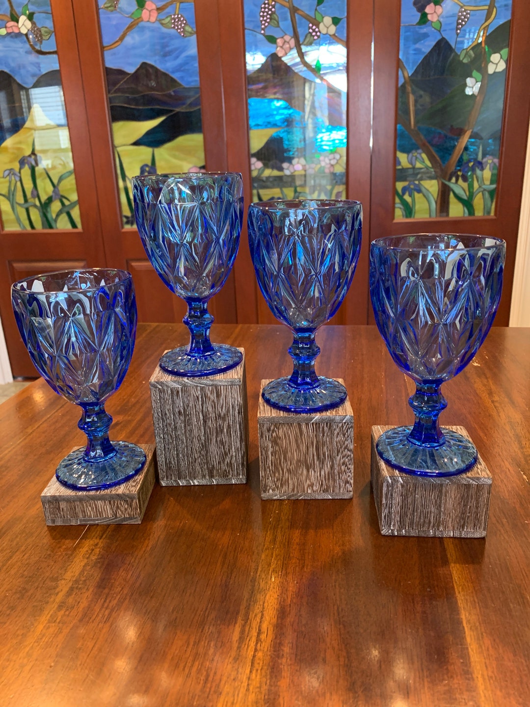 Diamond Patterned Blue Glass Water Goblets - Etsy