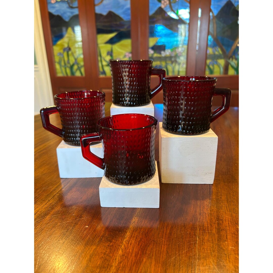 Ruby Red Hobnail Mid Century Glass Mugs. - Etsy