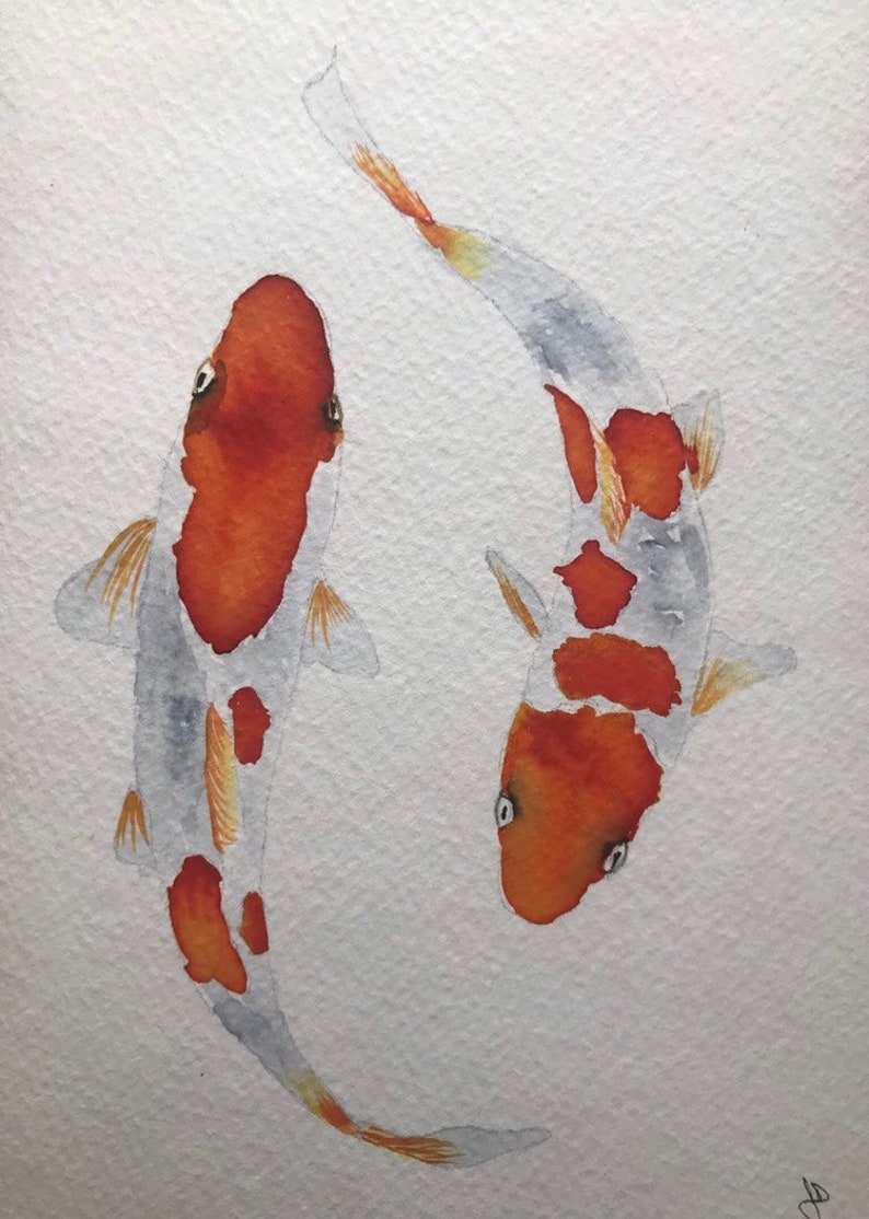 Koi Fish Original Signed Watercolor Painting Pond Wall Art Gift Father ...